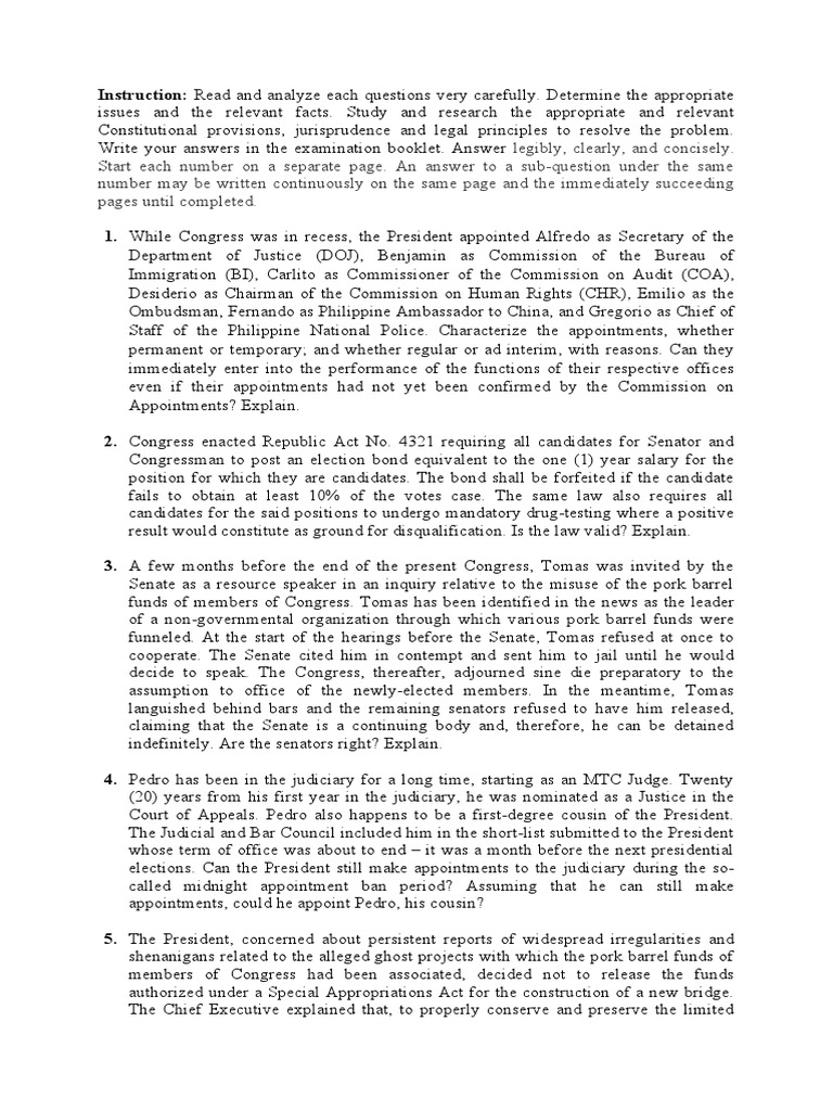 Constitutional Law 2 Practice Bar Exam | Download Free PDF | Presidents ...