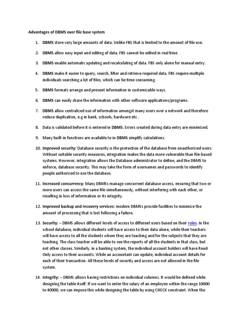Advantages Of Dbms Over File Base System Pdf Database Transaction Databases