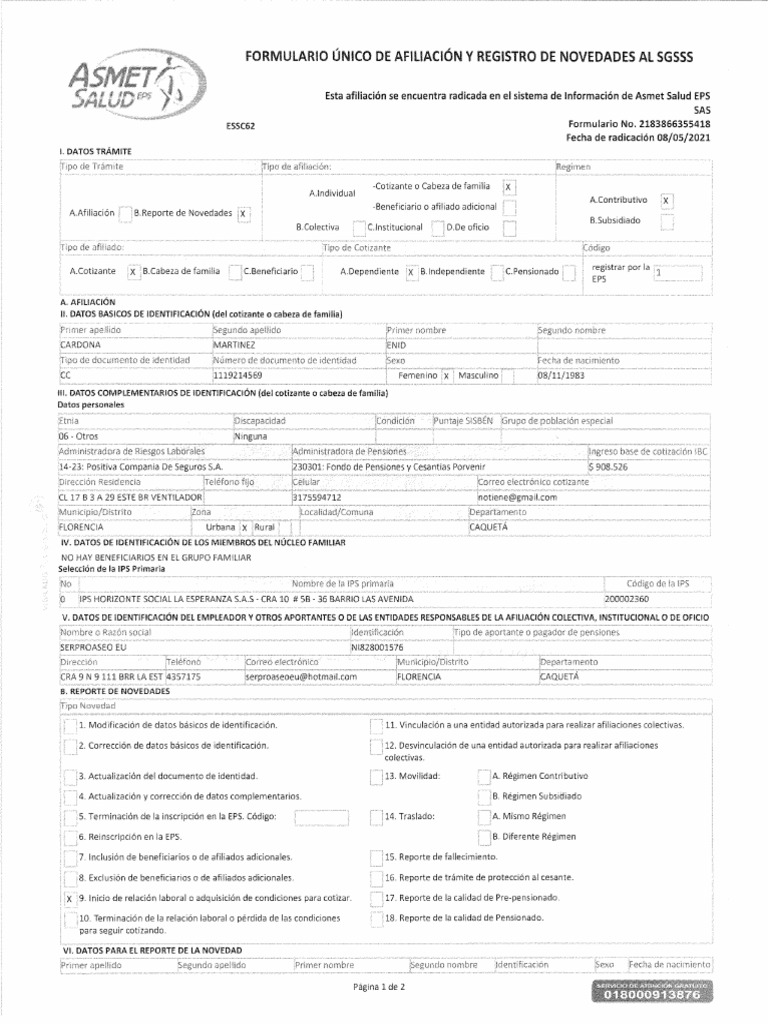 Formulario de Afiliacion Asmet Salud Enid Cardona Martinez | PDF