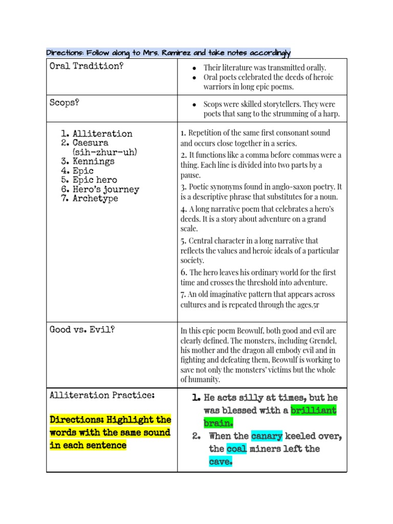 Beowulf: Alliteration and Caesura Explained | PDF | Beowulf | Epic Poetry