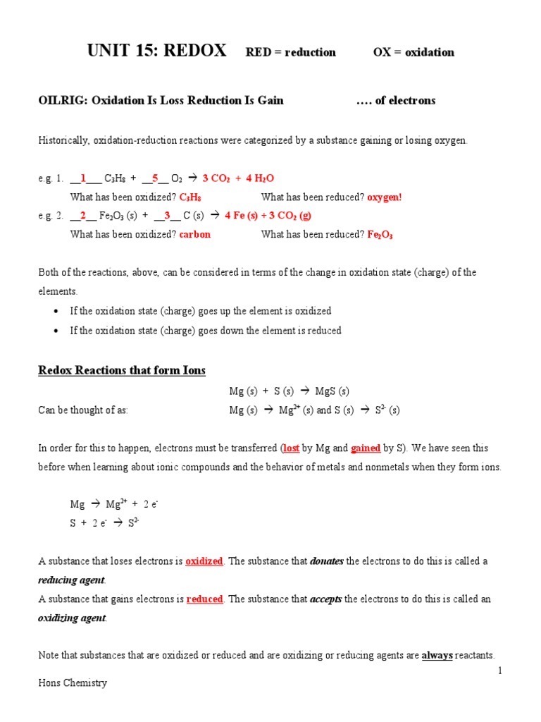 Unit 15: Redox: RED Reduction OX Oxidation | PDF | Redox | Electrochemistry