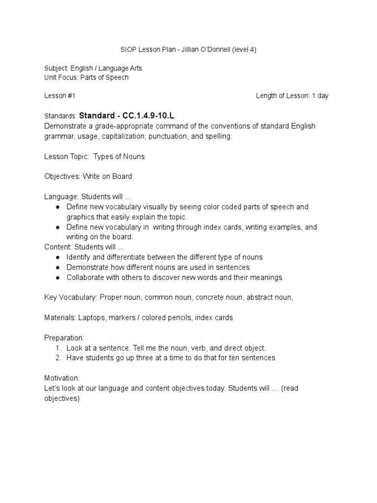Siop Lesson Plan | PDF | Noun | Vocabulary