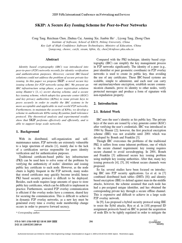 SKIP: A Secure Key Issuing Scheme For Peer-to-Peer Networks | Download Free PDF | Peer To Peer ...