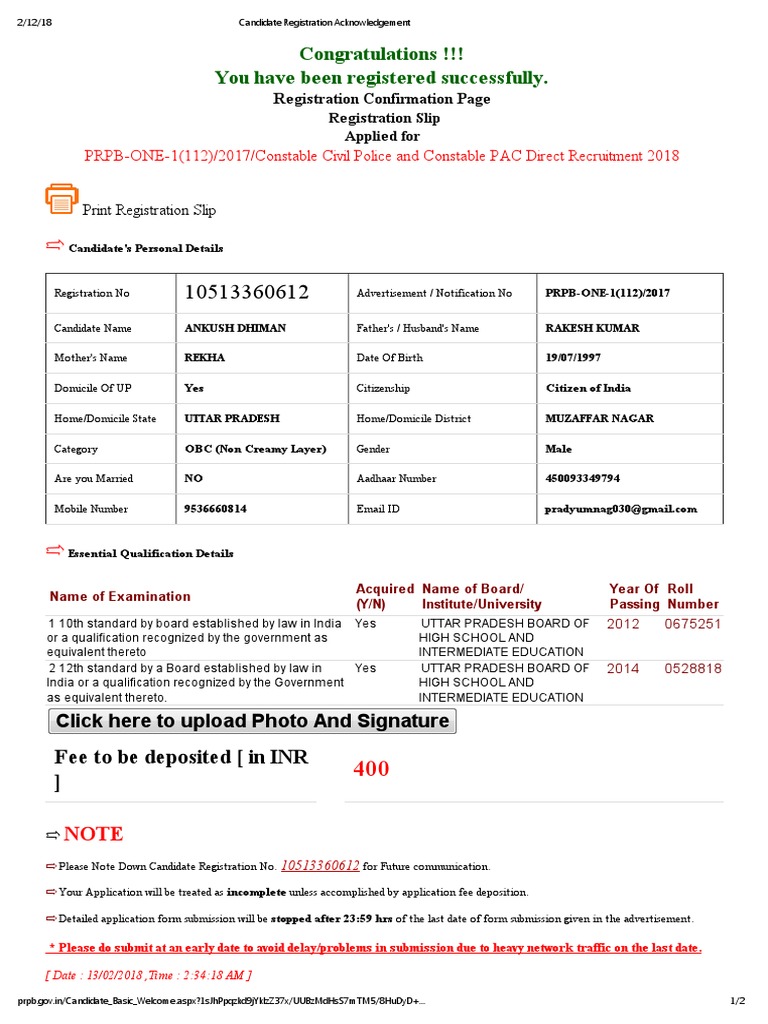 Candidate Registration Acknowledgement | PDF | Government And ...