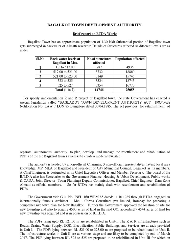 Bagalkot Town Development Authority.: Brief Report On BTDA Works | PDF ...