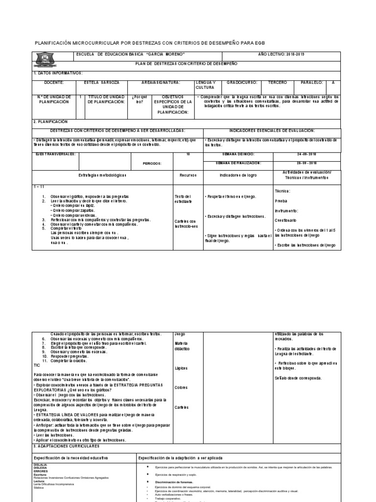 Plan de Destreza Lengua Tercero 2019 | PDF | Dislexia | Aprendizaje