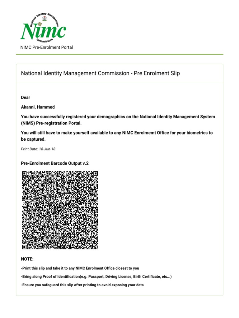 National Identity Management Commission - Pre Enrolment Slip | PDF
