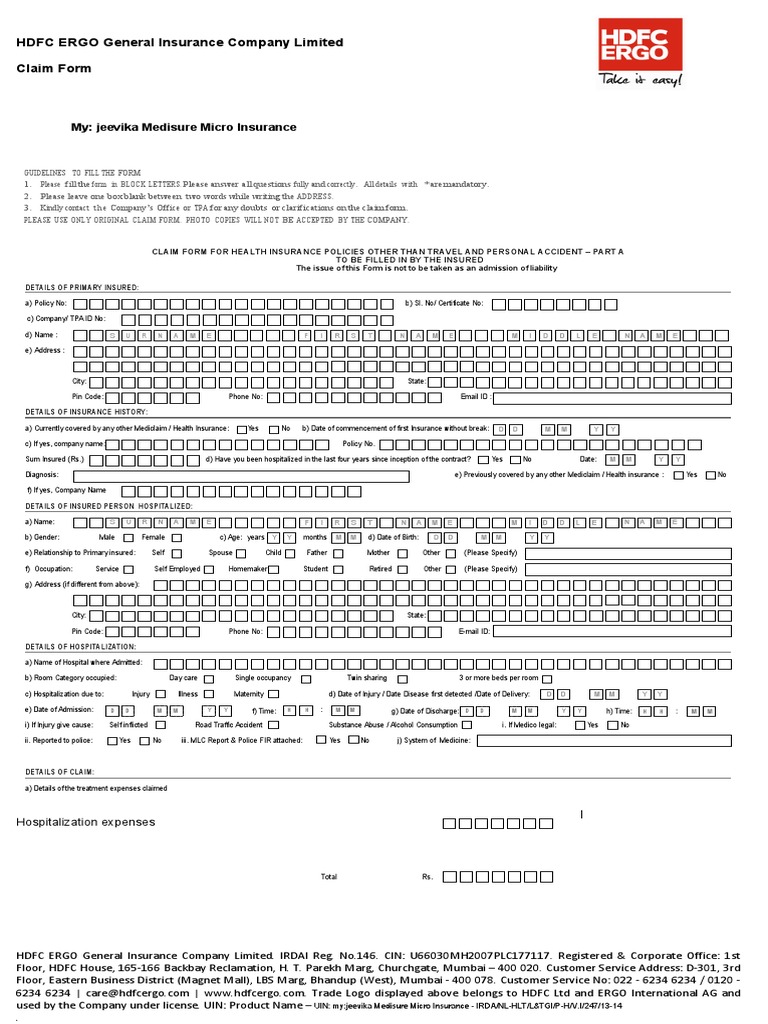 HDFC ERGO General Insurance Company Limited Claim Form | PDF ...