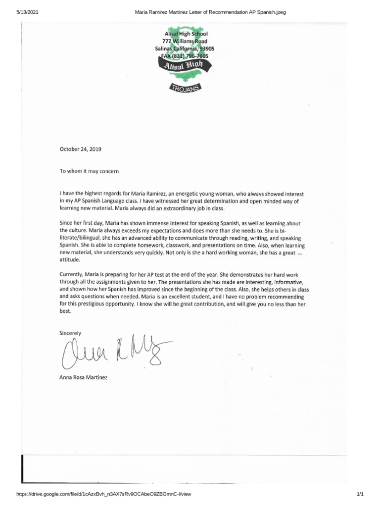 Maria Ramirez Martinez Letter of Recommendation Ap Spanish | PDF