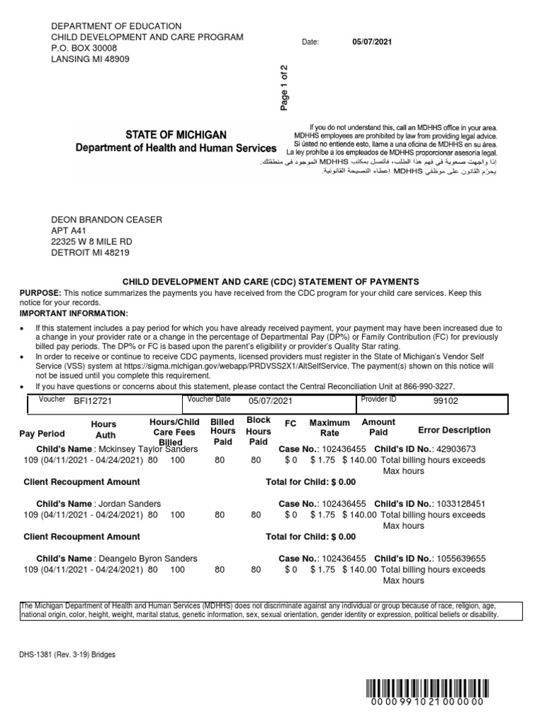 Child Development and Care (CDC) Statement of Payments: Purpose ...