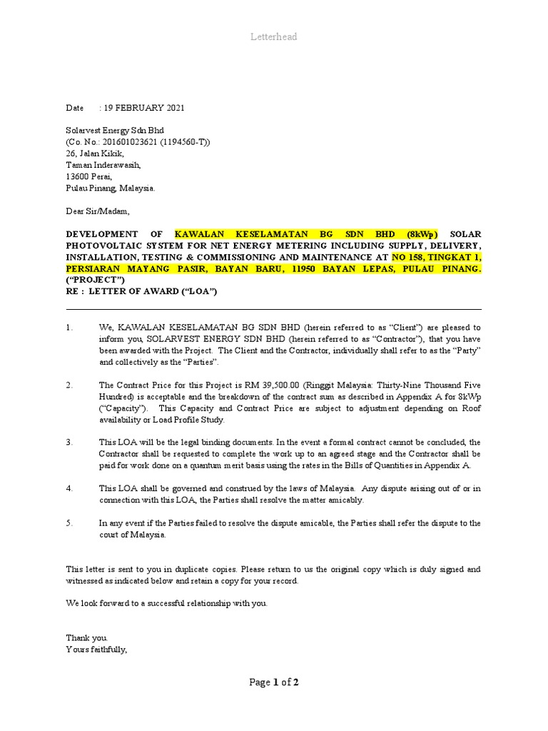 Solarvest Energy LOA Project | PDF | Energy And Resource | Business