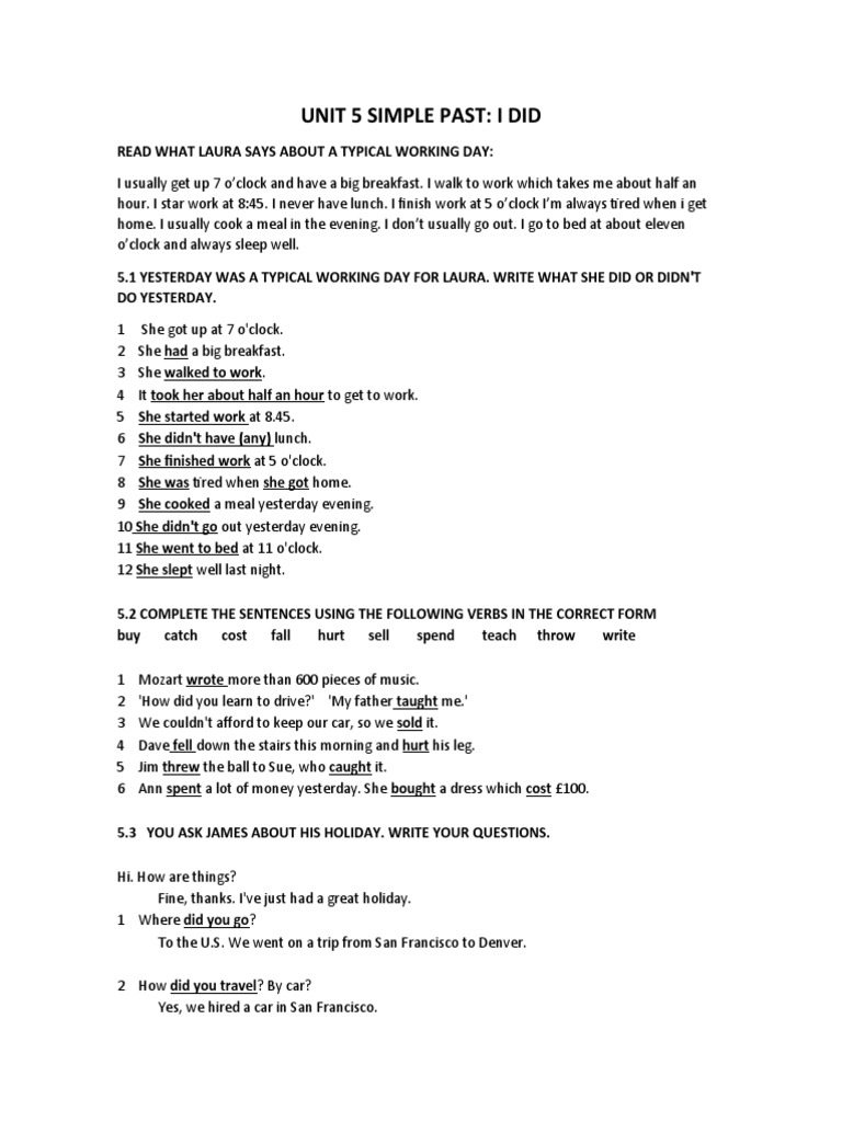 Unit 5 Simple Past: I Did | PDF | Meal | Lunch