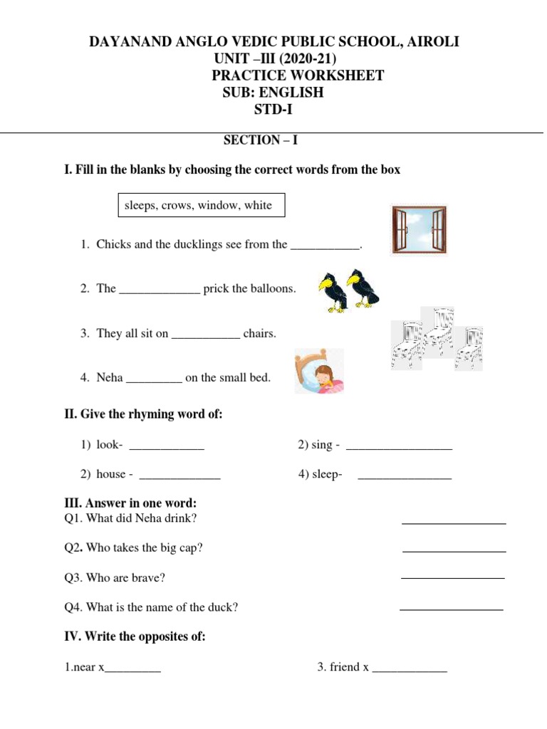 Practice Worksheet for English Standard 1: Dayanand Anglo Vedic Public ...