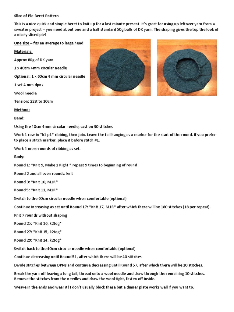Slice of Pie Knitted Beret Pattern | PDF