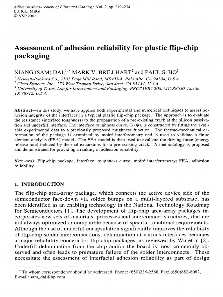 Assessment of Adhesion Reliability For Plastic Flip-Chip Packaging ...