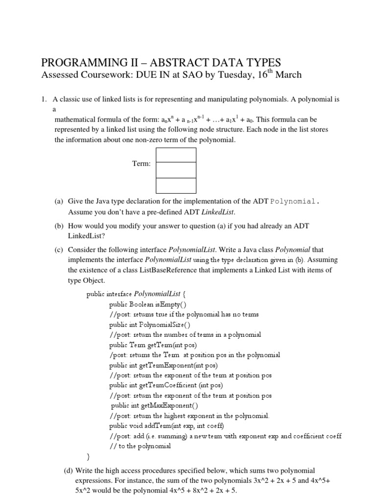 Programming Ii - Abstract Data Types: Assessed Coursework: DUE IN at ...