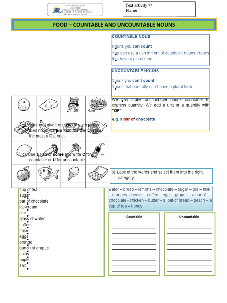 Food - Countable and Uncountable Nouns | PDF | Vegetables | Noun