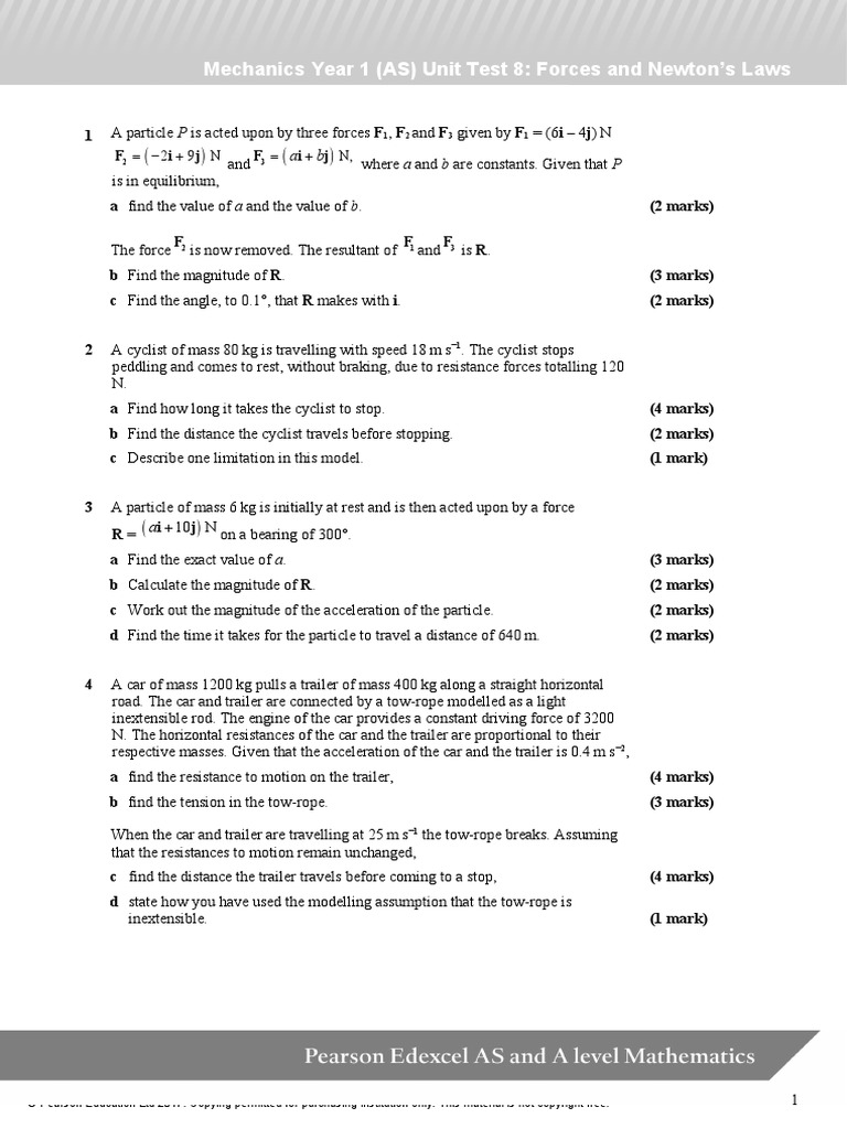 As Maths Mechanics Unit 8 Test | PDF | Force | Mass