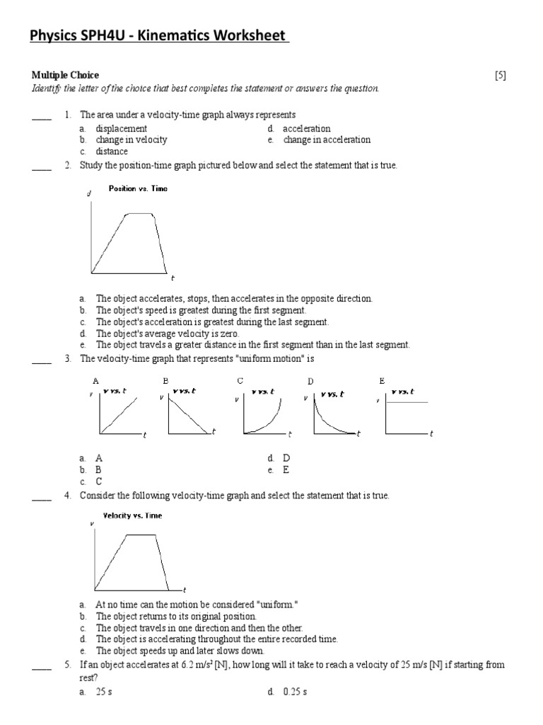 Physics SPH4U - Kinematics Worksheet | PDF | Velocity | Acceleration
