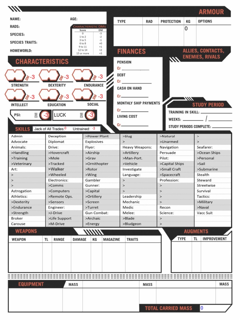 Character Creation Sheet fillable Traveller