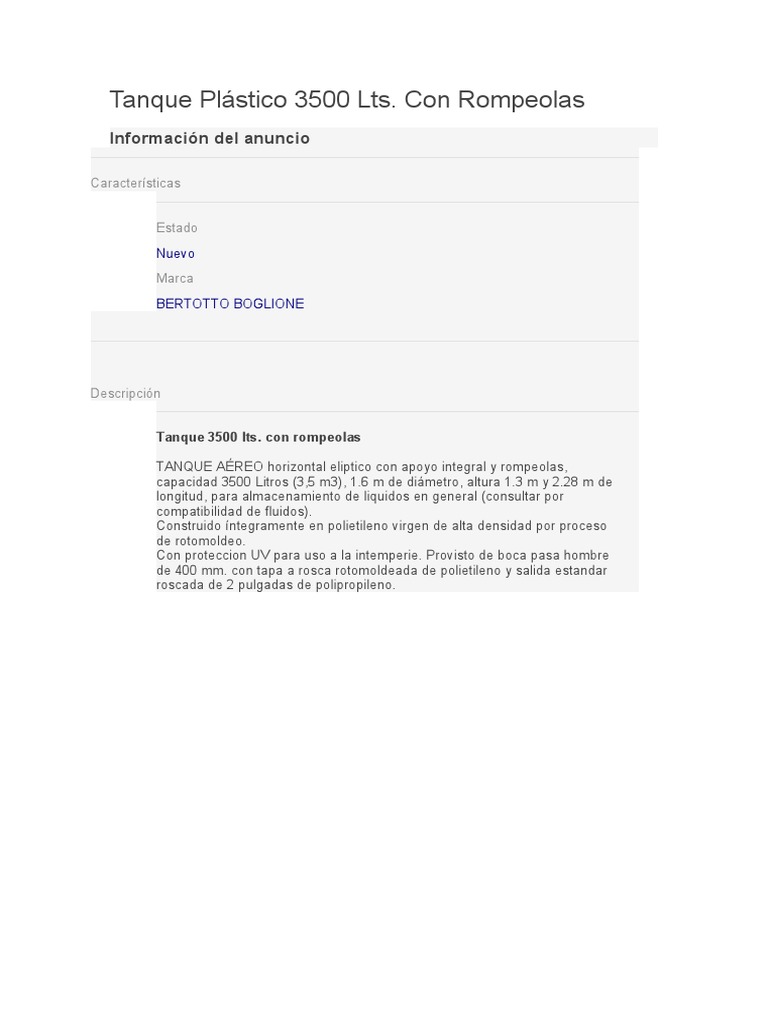 Tanque Plástico 3500 Lts. Con Rompeolas BERTOTTO | PDF