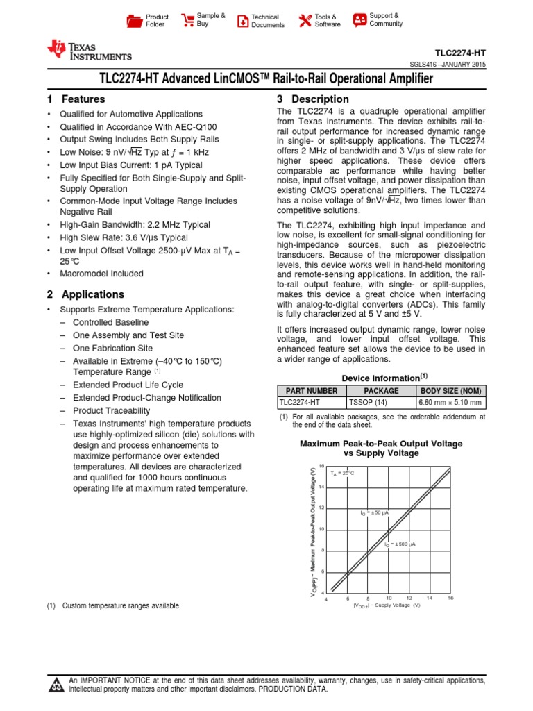 Tlc2274-Ht Advanced Lincmos™ Rail-To-Rail Operational Amplifier | PDF ...