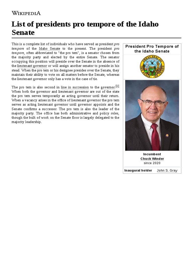 List of Presidents Pro Tempore of The Idaho Senate | PDF | United ...