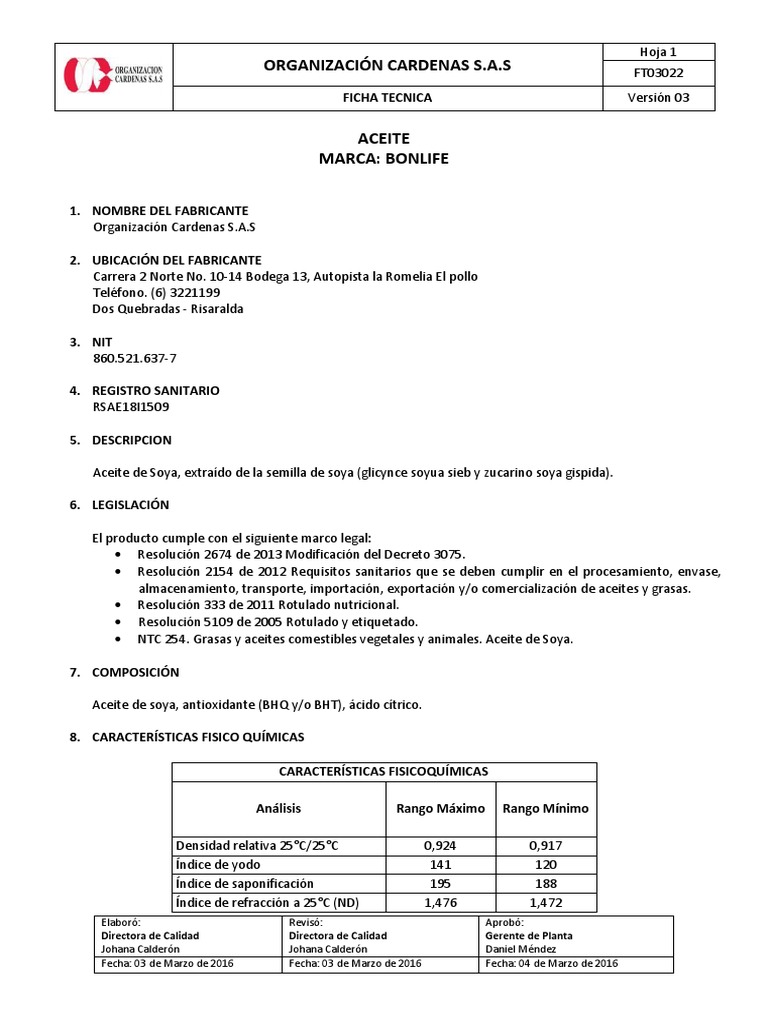 Aceite Bonlife V03 | PDF | Etiqueta de información nutricional | Petróleo