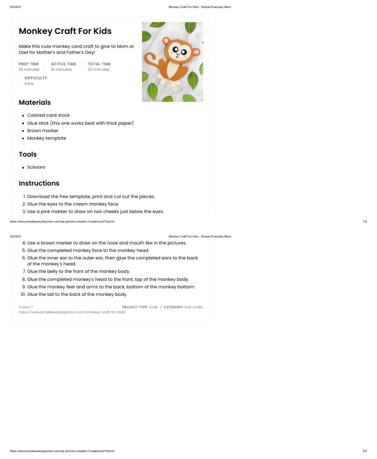 Monkey Craft For Kids - Simple Everyday Mom | PDF