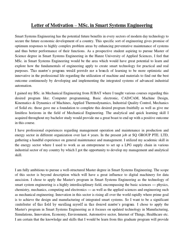 Letter of Motivation - MSc. in Smart Systems Engineering-Hanze | PDF ...