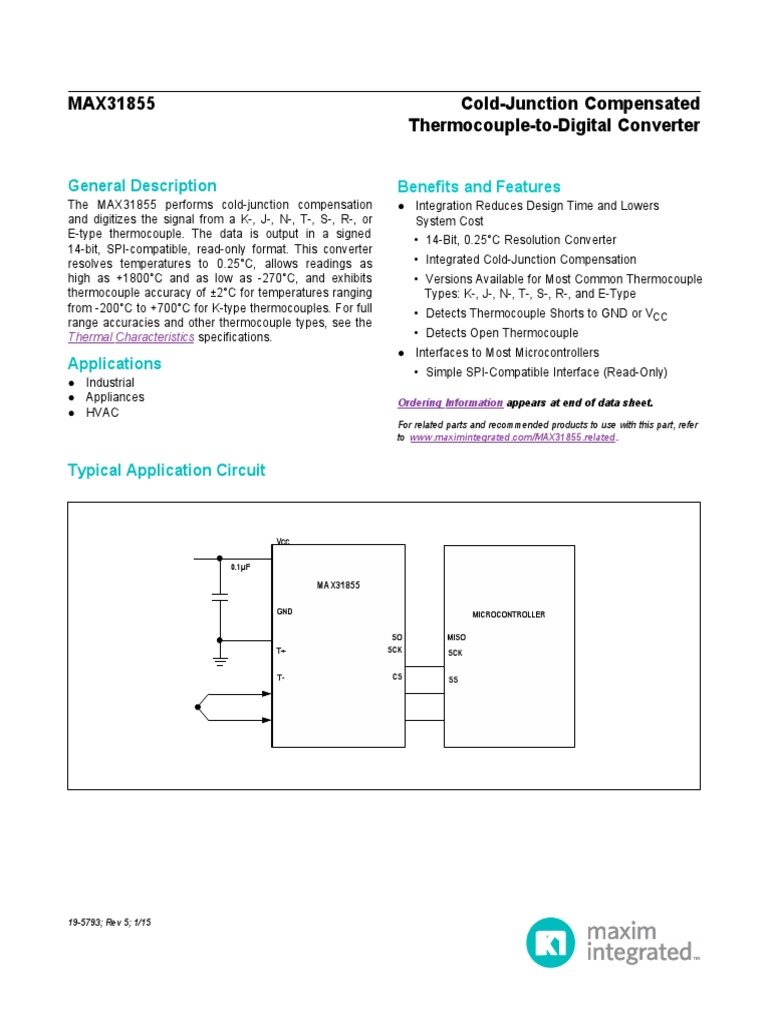 MAX31855 Cold-Junction Compensated Thermocouple-to-Digital Converter | PDF