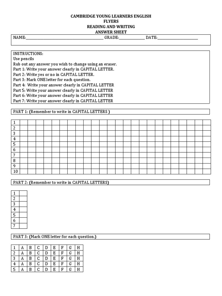 Cambridge Young Learners English Flyers Reading and Writing Answer ...