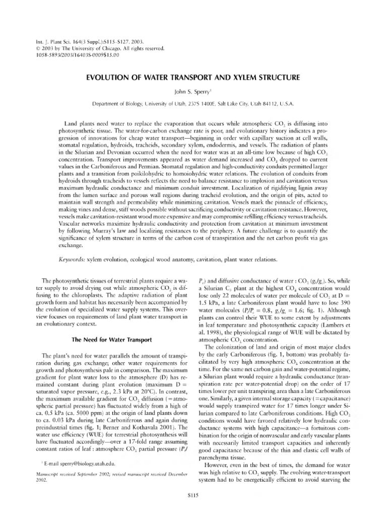 Evolution of Water Transport and Xylem Structure | PDF | Tissue ...