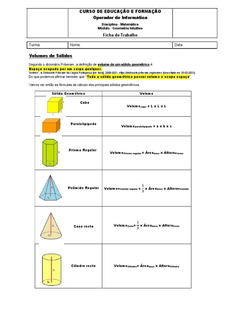 Calculo de volumes de sólidos geométricos | PDF | Litro | Metrologia