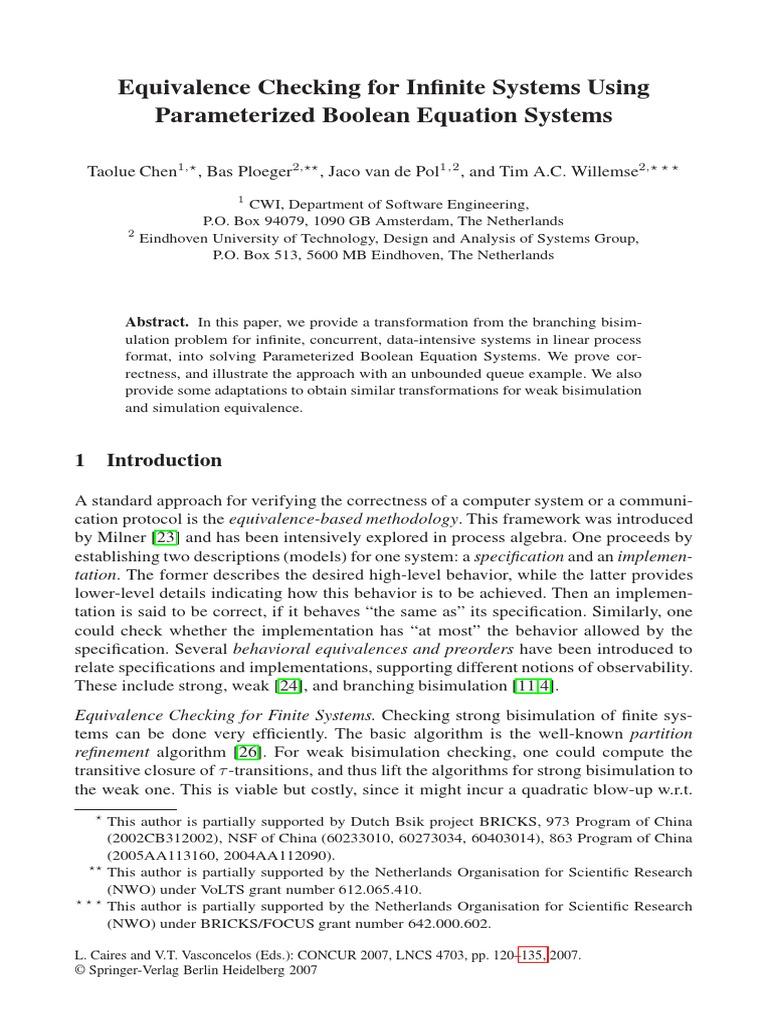 Equivalence Checking For Infinite Systems Using Parameterized Boolean Equation Systems Pdf