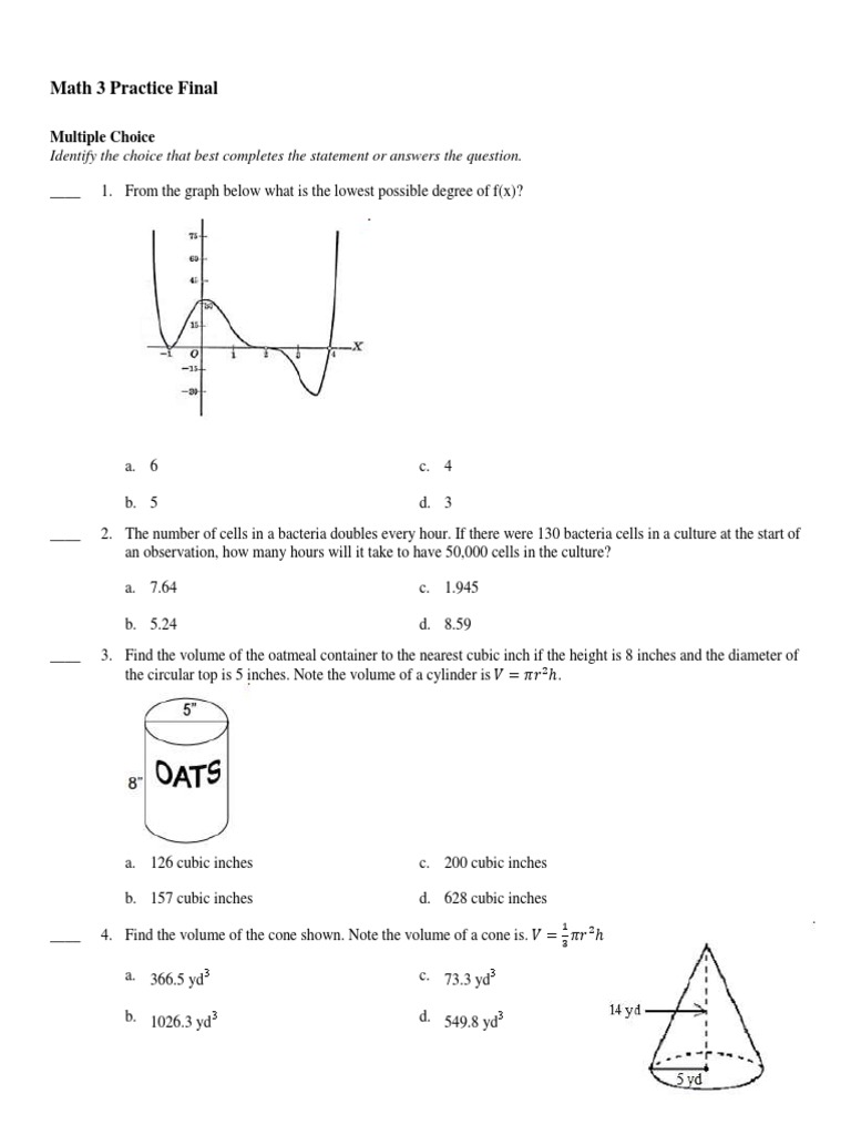 Math 3 Practice Final: Analyzing Graphs, Solving Equations, and ...