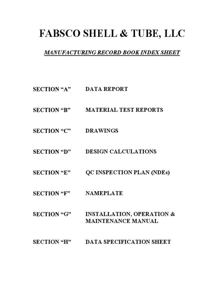 Fabsco Shell & Tube, LLC: Manufacturing Record Book Index Sheet | PDF