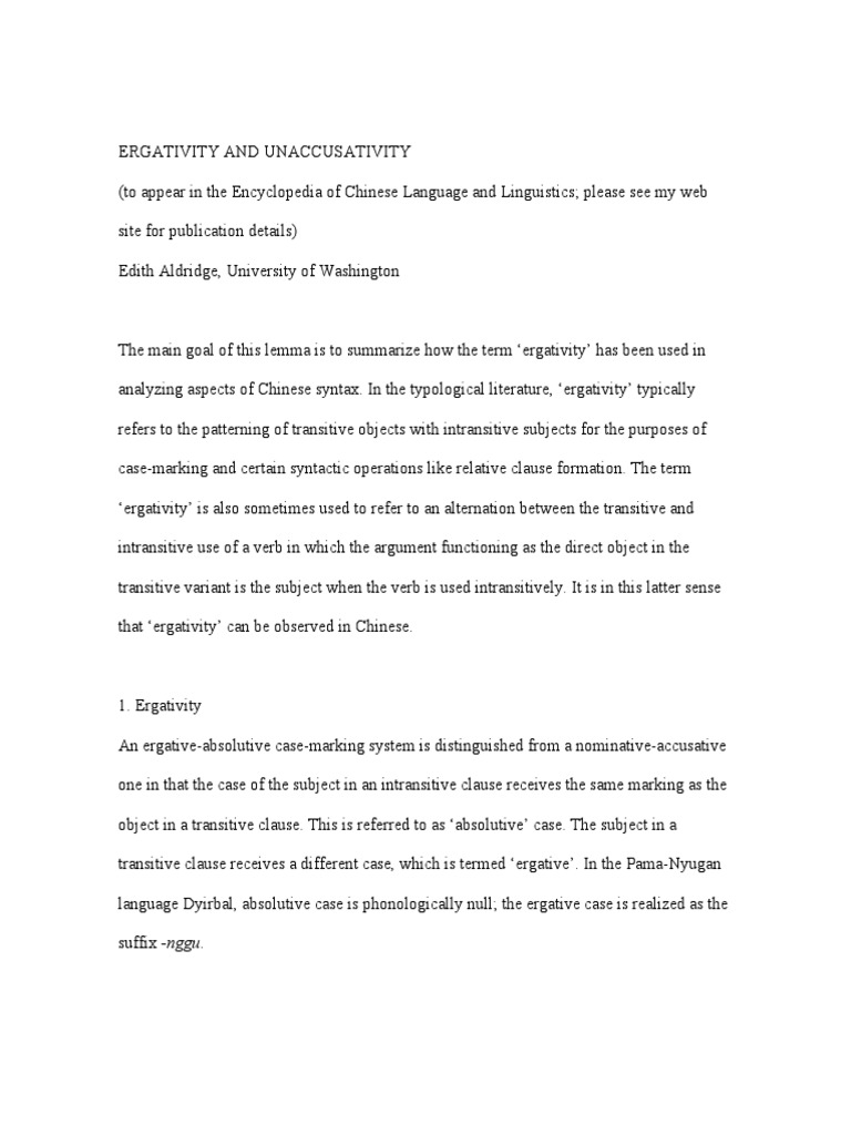 Edith Aldridge Ergativity and Unaccusativity | PDF | Subject (Grammar ...