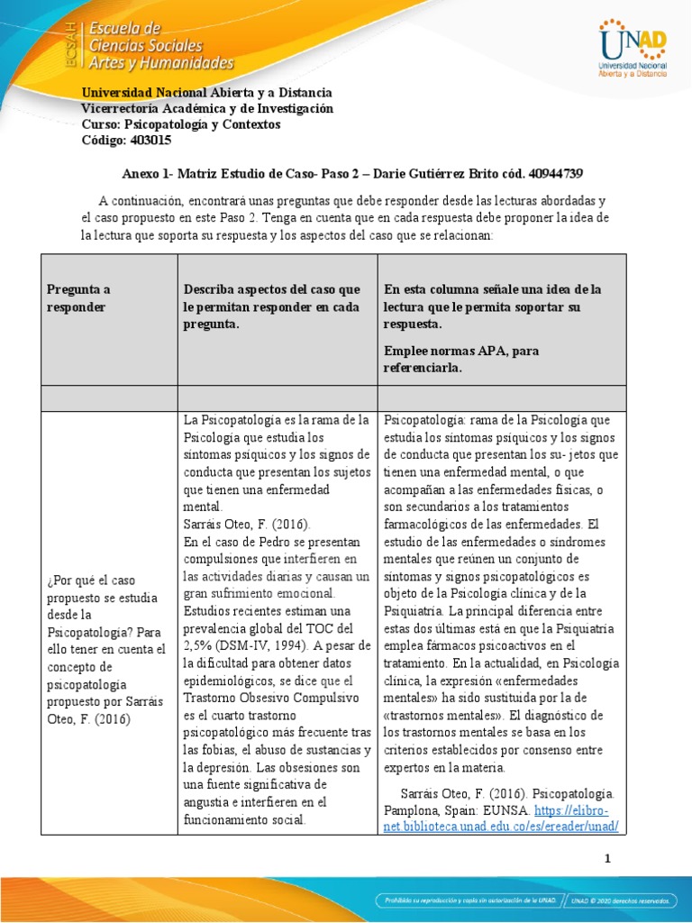 Anexo 1 Matriz Estudio de Caso Paso 2. | PDF | Psicopatología | Síntoma
