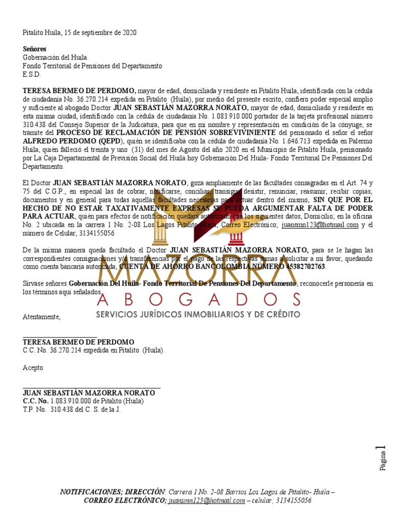 Poder Proceso de Reclamación de Pensión Sobreviviniente Alfredo Perdomo | PDF | Gobierno