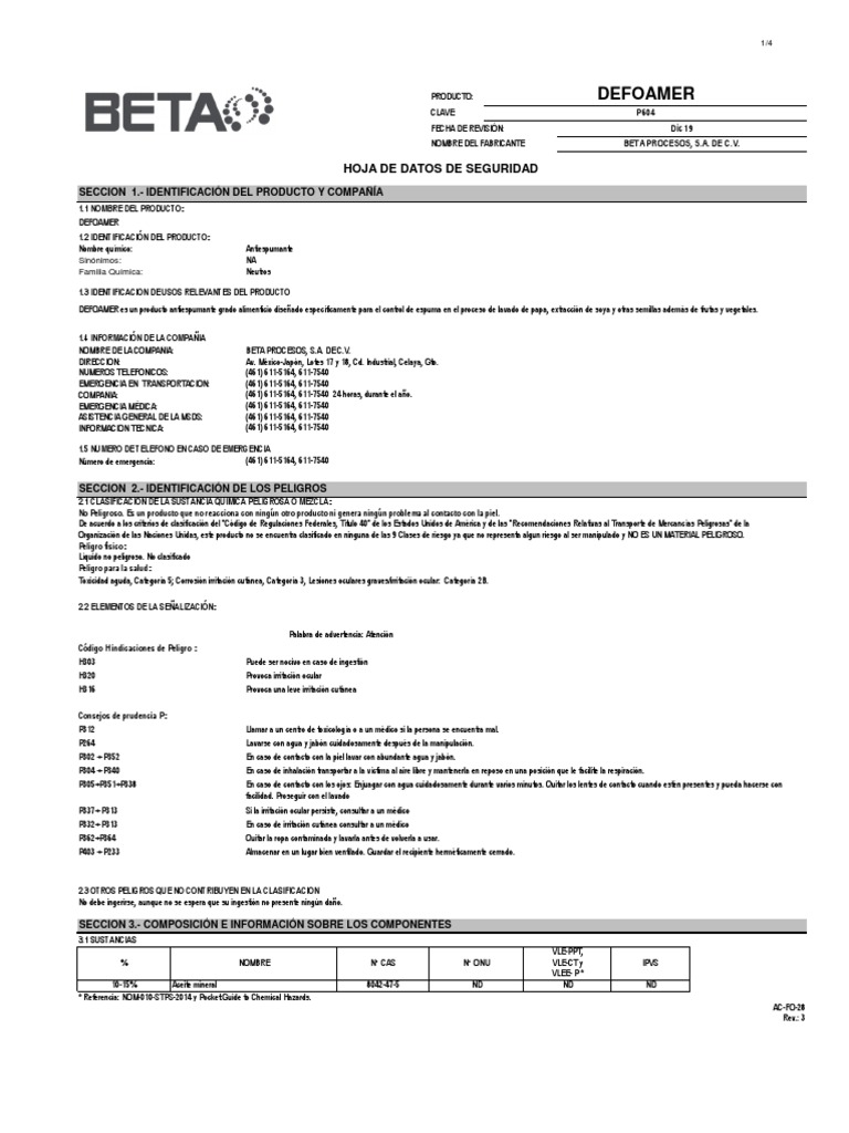004 HDS Defoamer P | PDF | Toxicidad | Agua