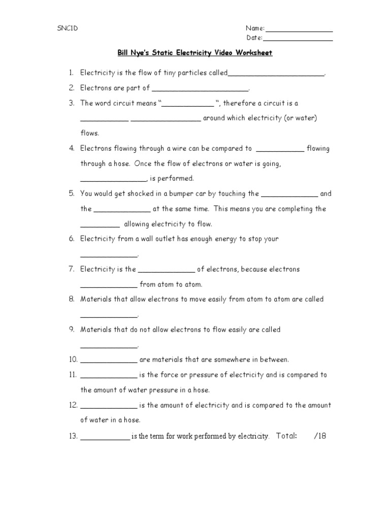 Bill Nye's Static Electricity Video Worksheet: Snc1D Name: Date | PDF ...