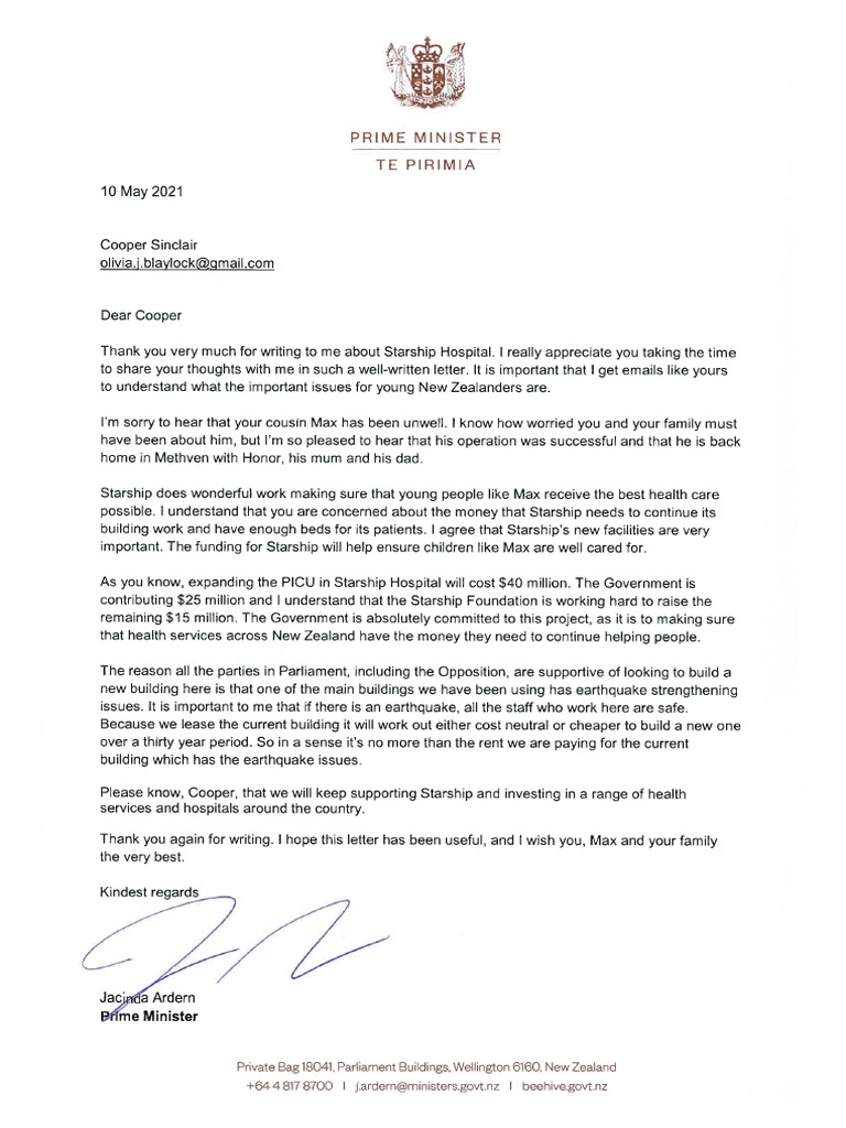 Cooper Sinclair Letter From Jacinda Ardern | PDF