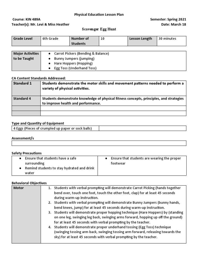 Egg Hunt Lesson Plan | PDF | Lesson Plan | Physical Education
