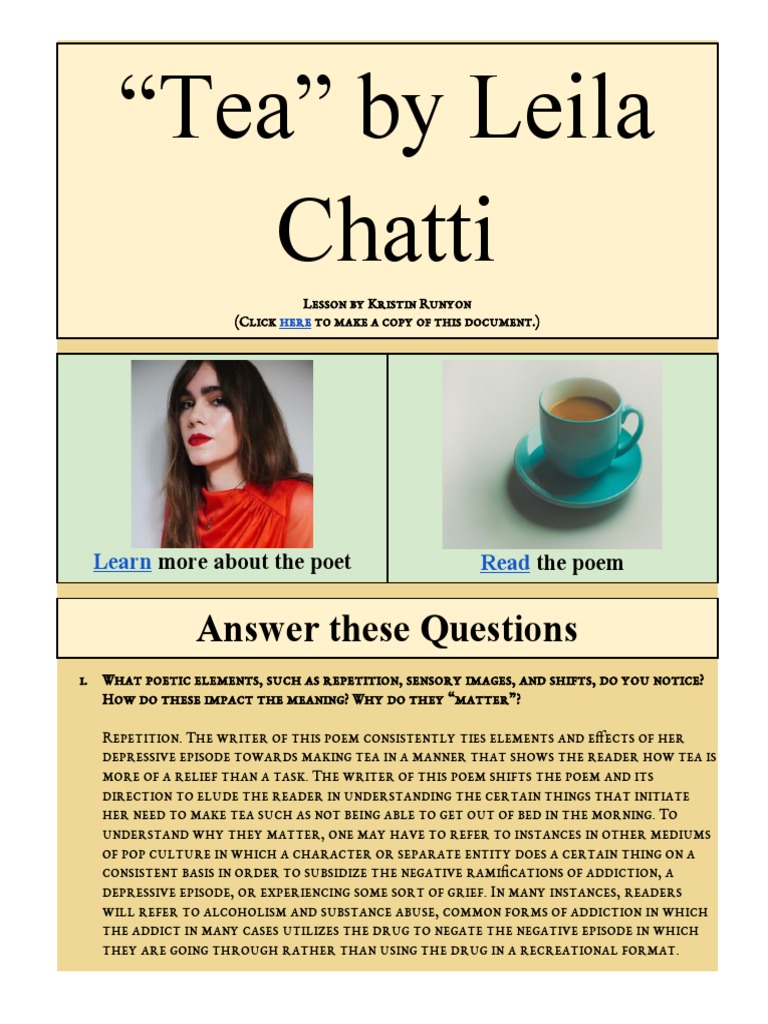 "Tea" by Leila Chatti: Answer These Questions | PDF | Gratitude | Prayer