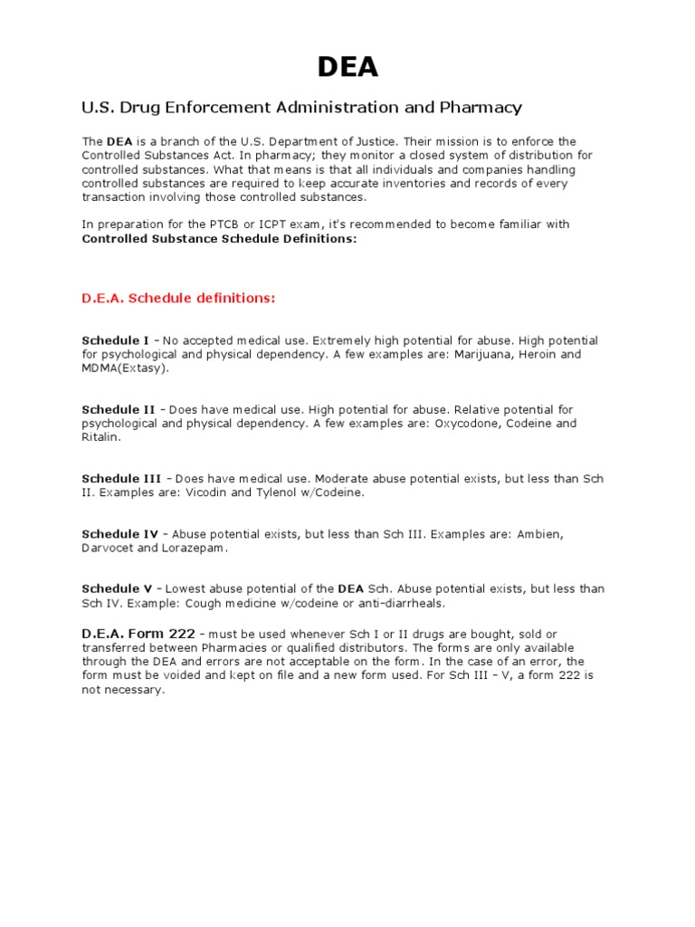 U.S. Drug Enforcement Administration and Pharmacy: D.E.A. Schedule ...