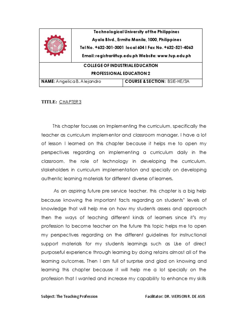 Alejandro-Chapter 3-Reflection Paper | PDF | Curriculum | Educational ...