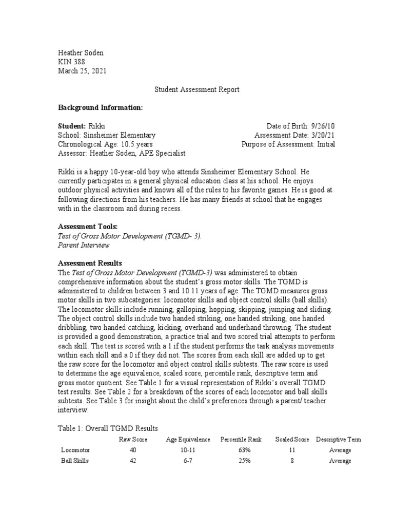 Kin 388-Student Assessment Report | Download Free PDF | Physical ...