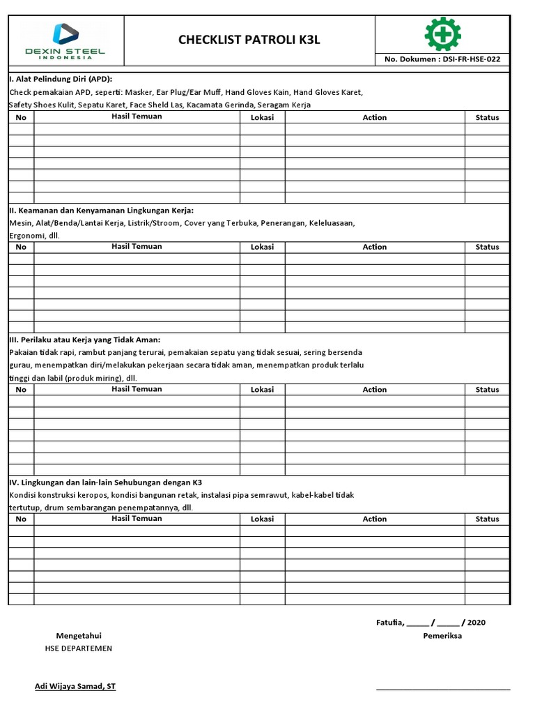DSI-FR-HSE-022a Checklist Patrol K3 | PDF