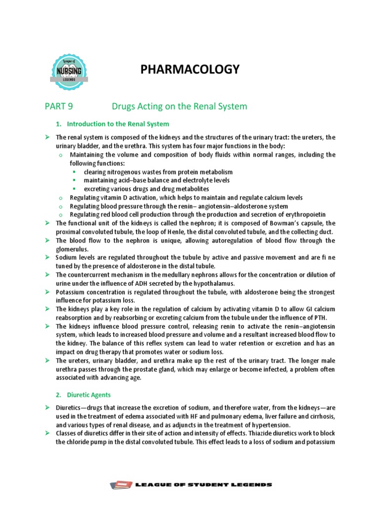 PHARMACOLOGY - Drugs Acting On The Renal System | PDF | Kidney ...